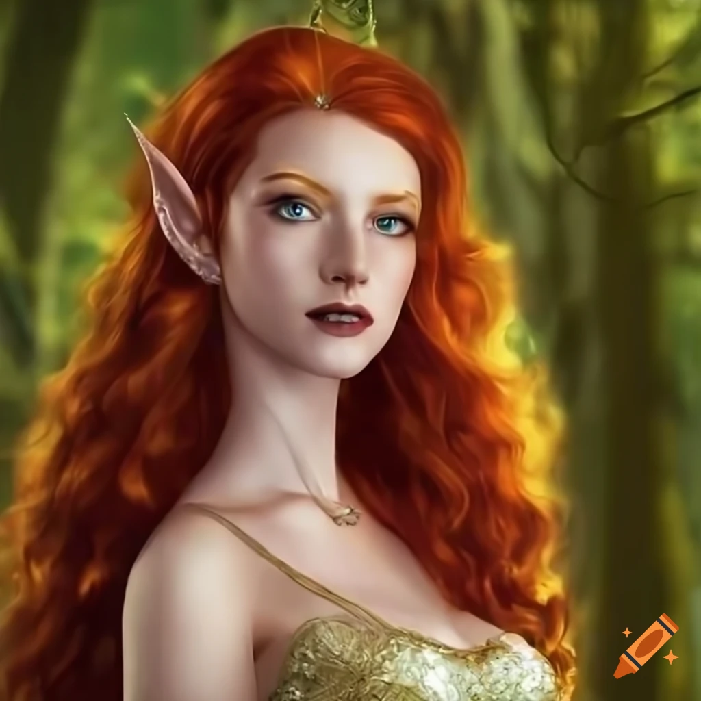 Enchanting redheaded high elf princess in a shimmering gown in a forest ...