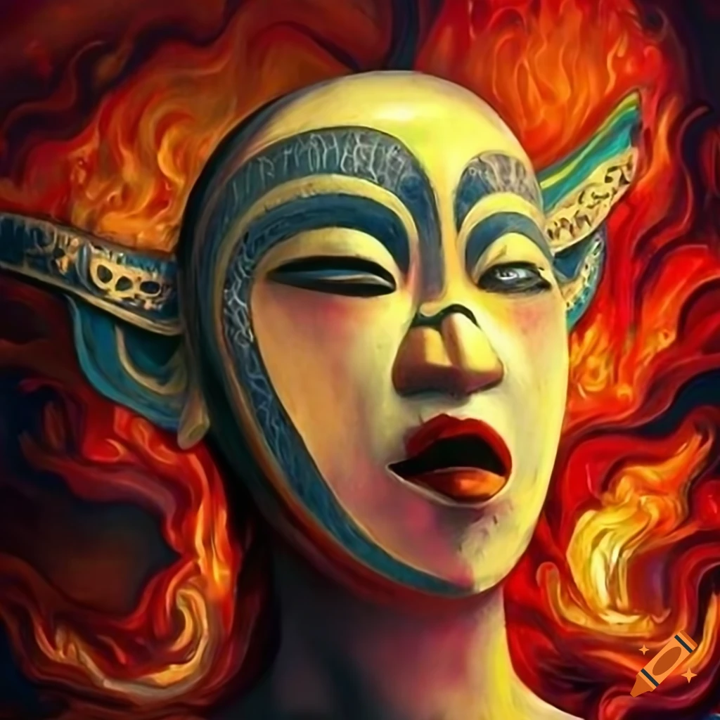 Abstract surreal art with symbolism of masks, blood, fire, and paths on Craiyon