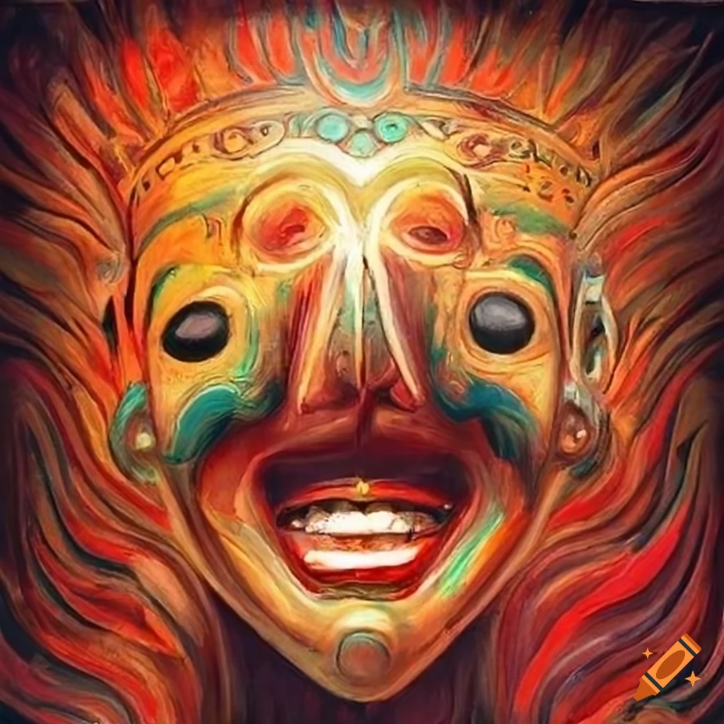 Abstract surreal art with symbolism of masks, blood, fire, and paths on ...