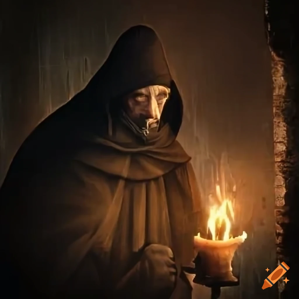 Rainy and sad medieval castle walkways with torches and homeless monks ...