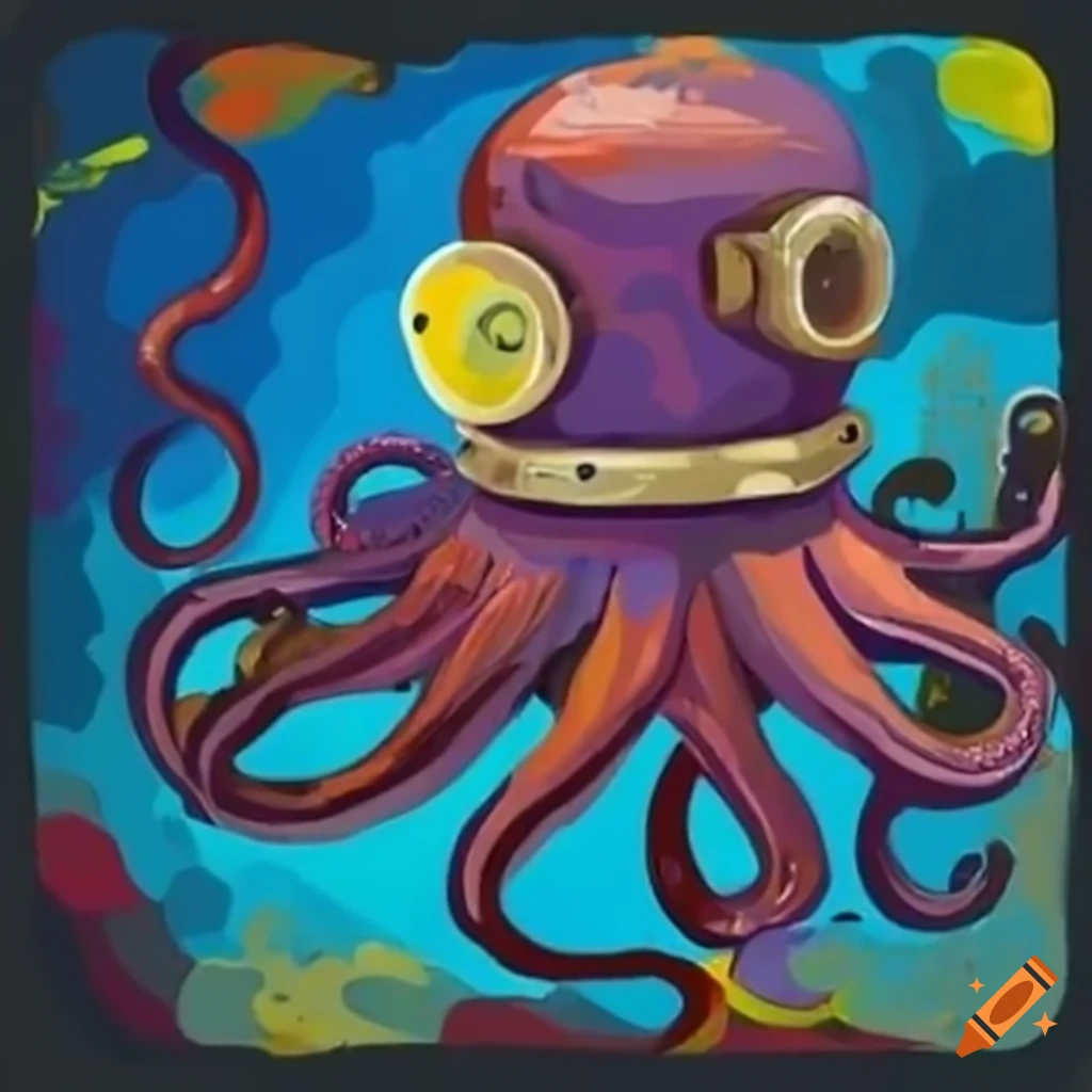 Octopus emerging from old diving helmet in exploration on Craiyon