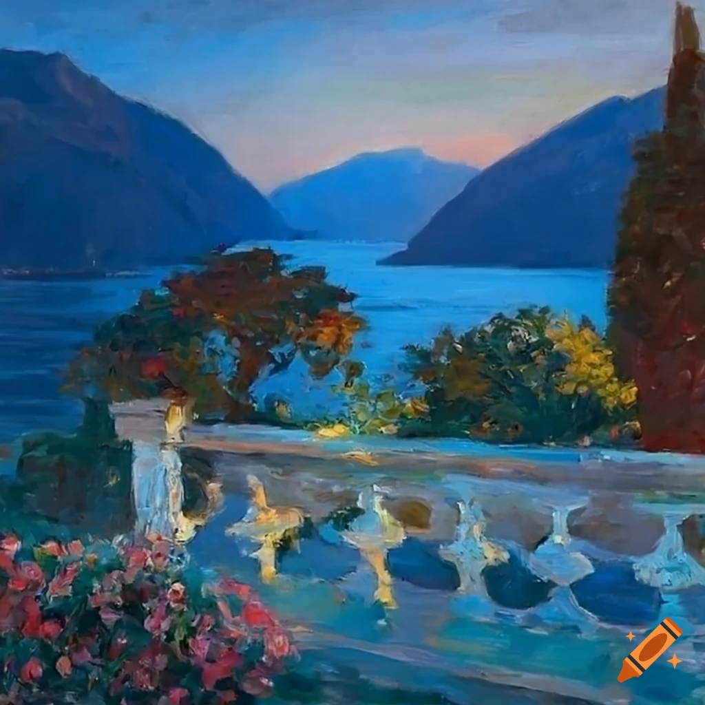 Impressionist painting of a small patio overlooking Lake Como with ...