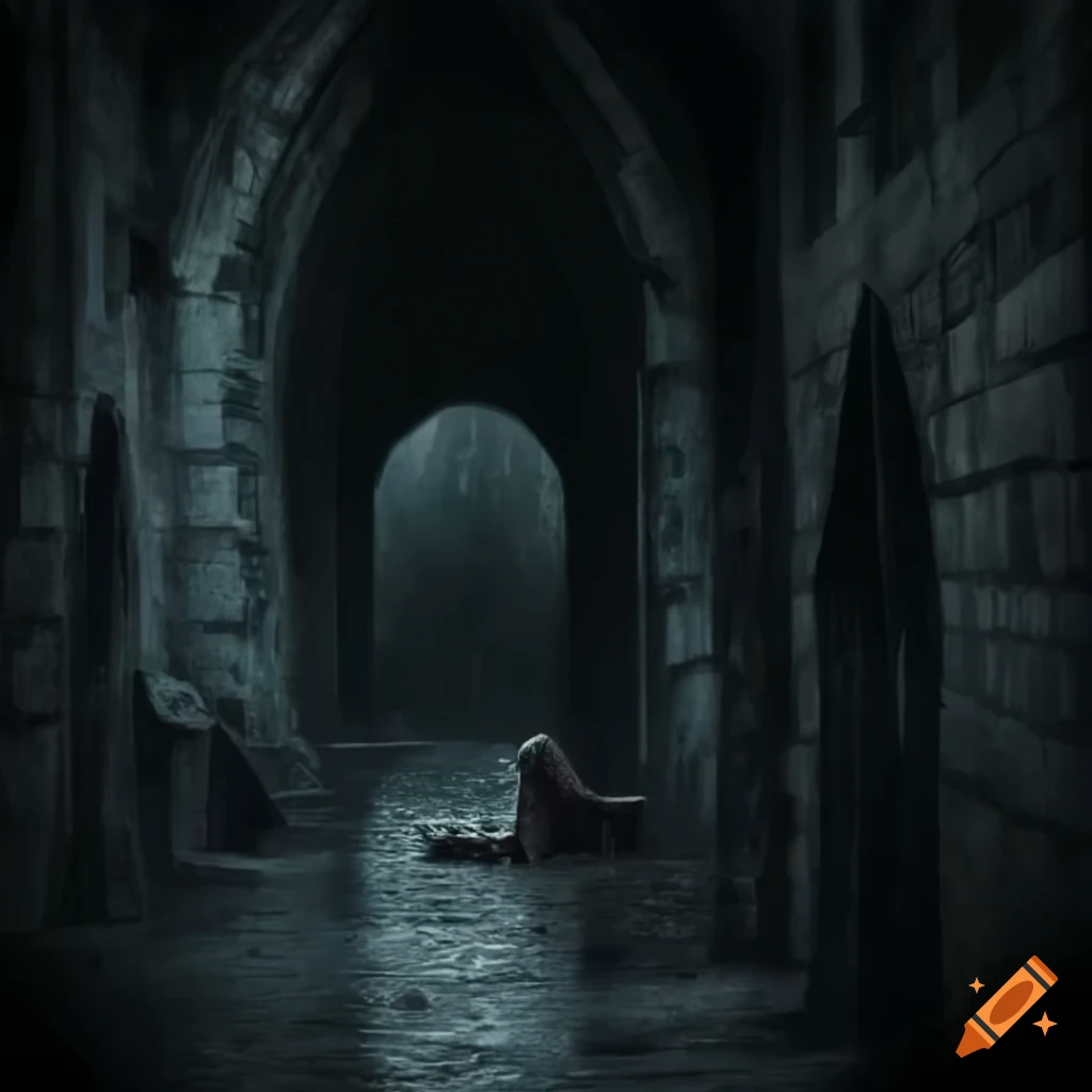 Rainy and sad medieval castle walkways with torches and homeless monks ...