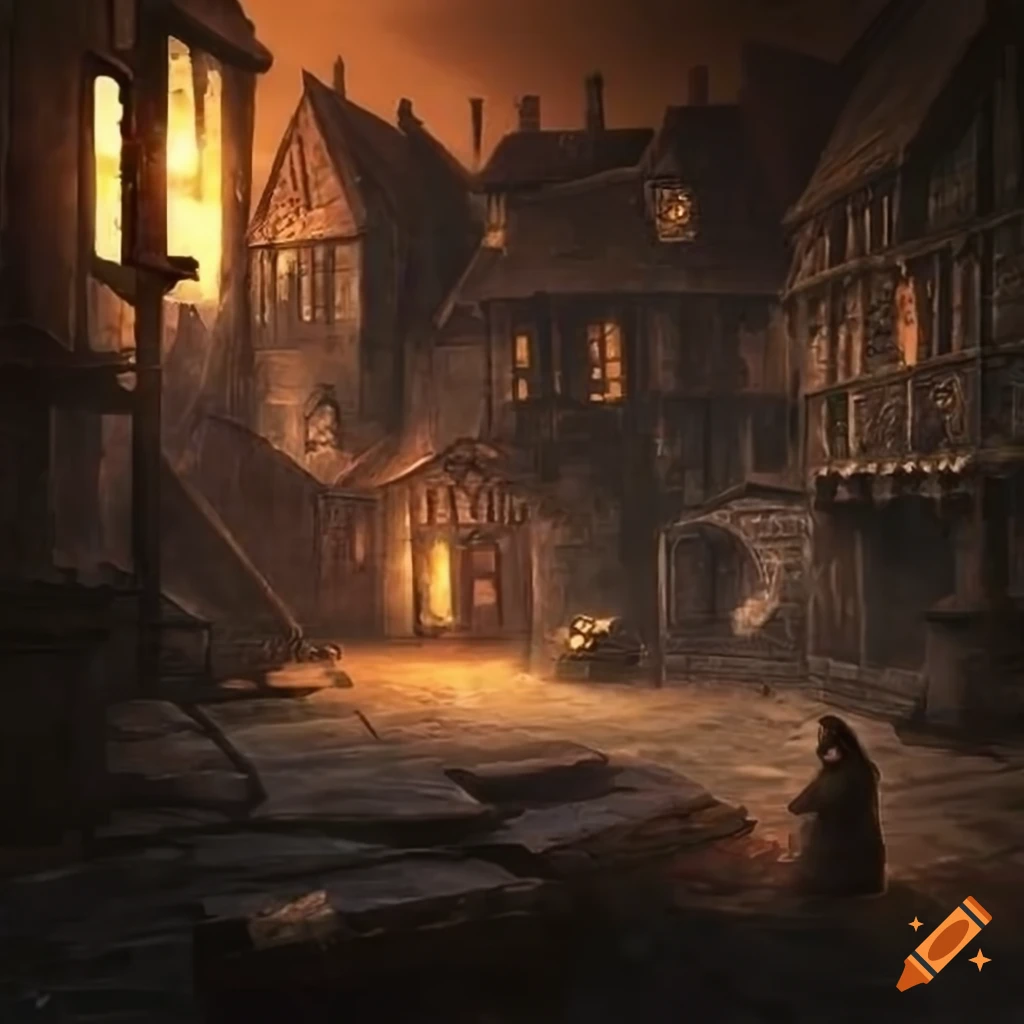 Rainy and sad medieval castle tavern with torches and homeless monks on ...