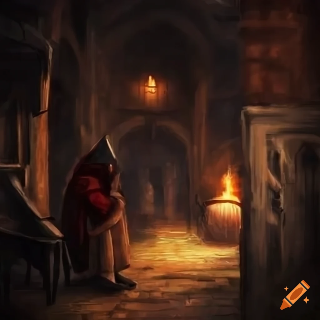 Rainy and sad medieval castle tavern with torches and homeless monks on ...