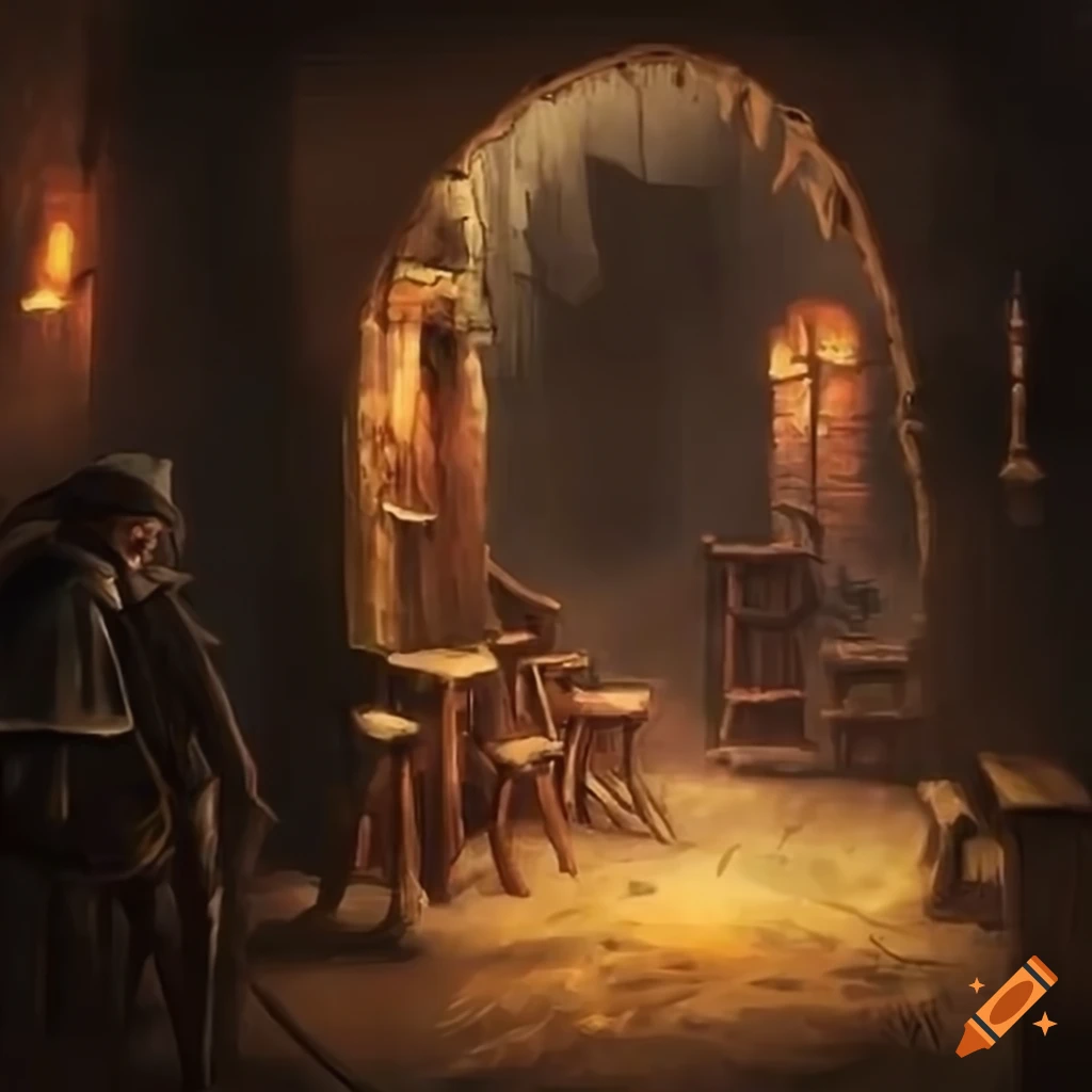Rainy and sad medieval castle tavern with torches and homeless monks on ...
