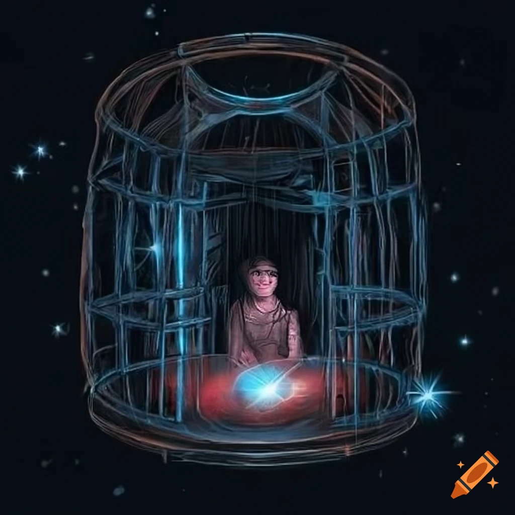 Man inside a cage surrounded by nebulas, stars, and galaxies in science ...