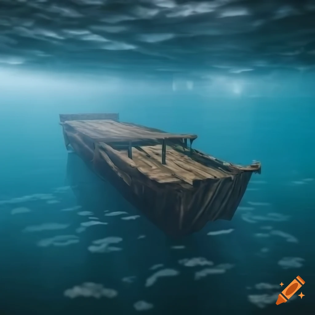 Noah's ark on the open sea approaching a storm with basic raft-like ...