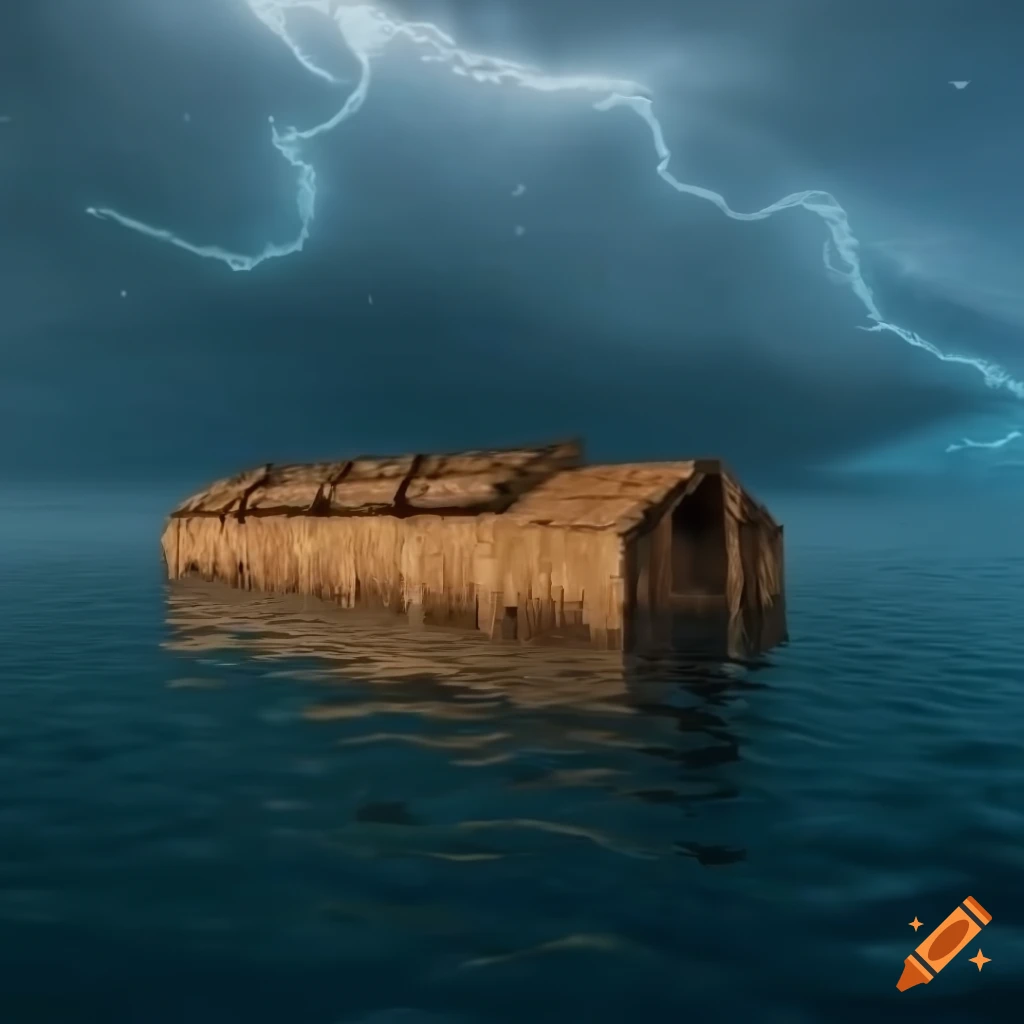 Noah's ark raft on the open sea with storm approaching on Craiyon