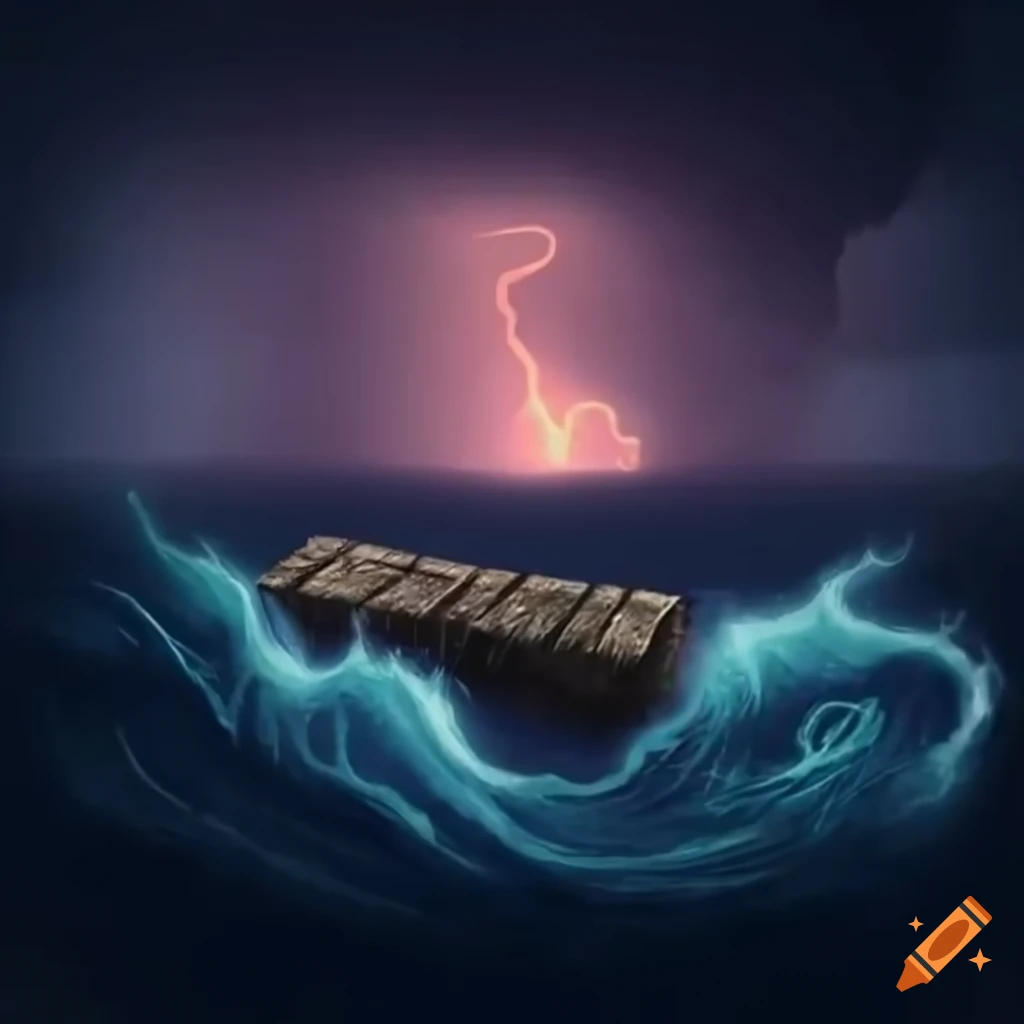 Prehistoric Ark ship in a storm at sea with wind, waves, and lightning ...