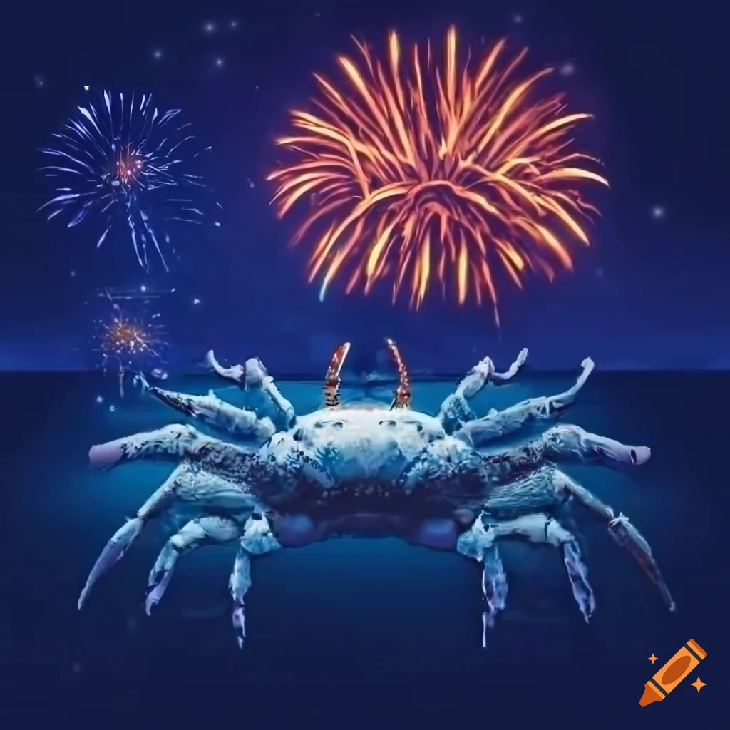 Giant crab watching geometrical fireworks on the beach under a starry ...