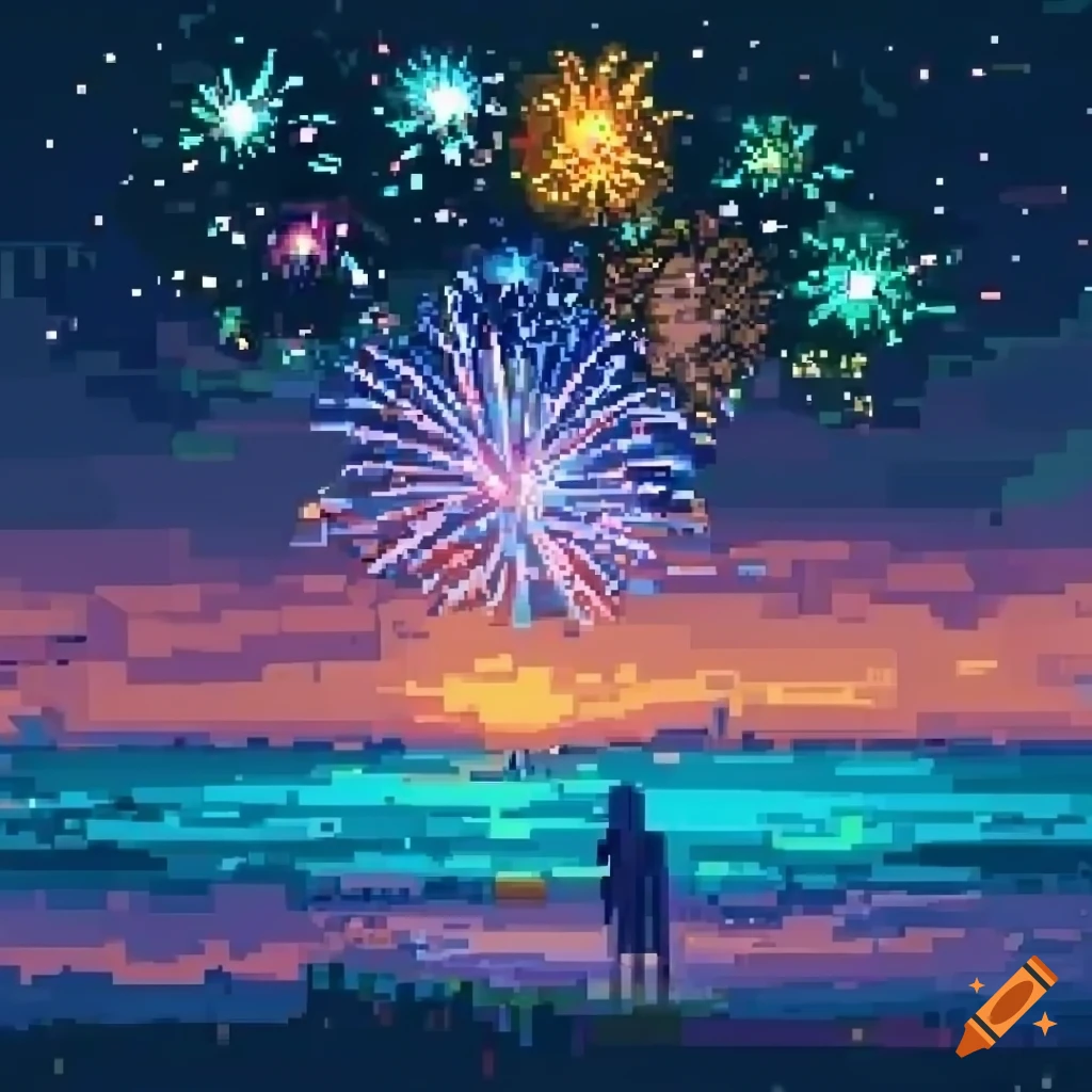 Pokemon watching colorful fireworks on the beach under a starry sky on ...