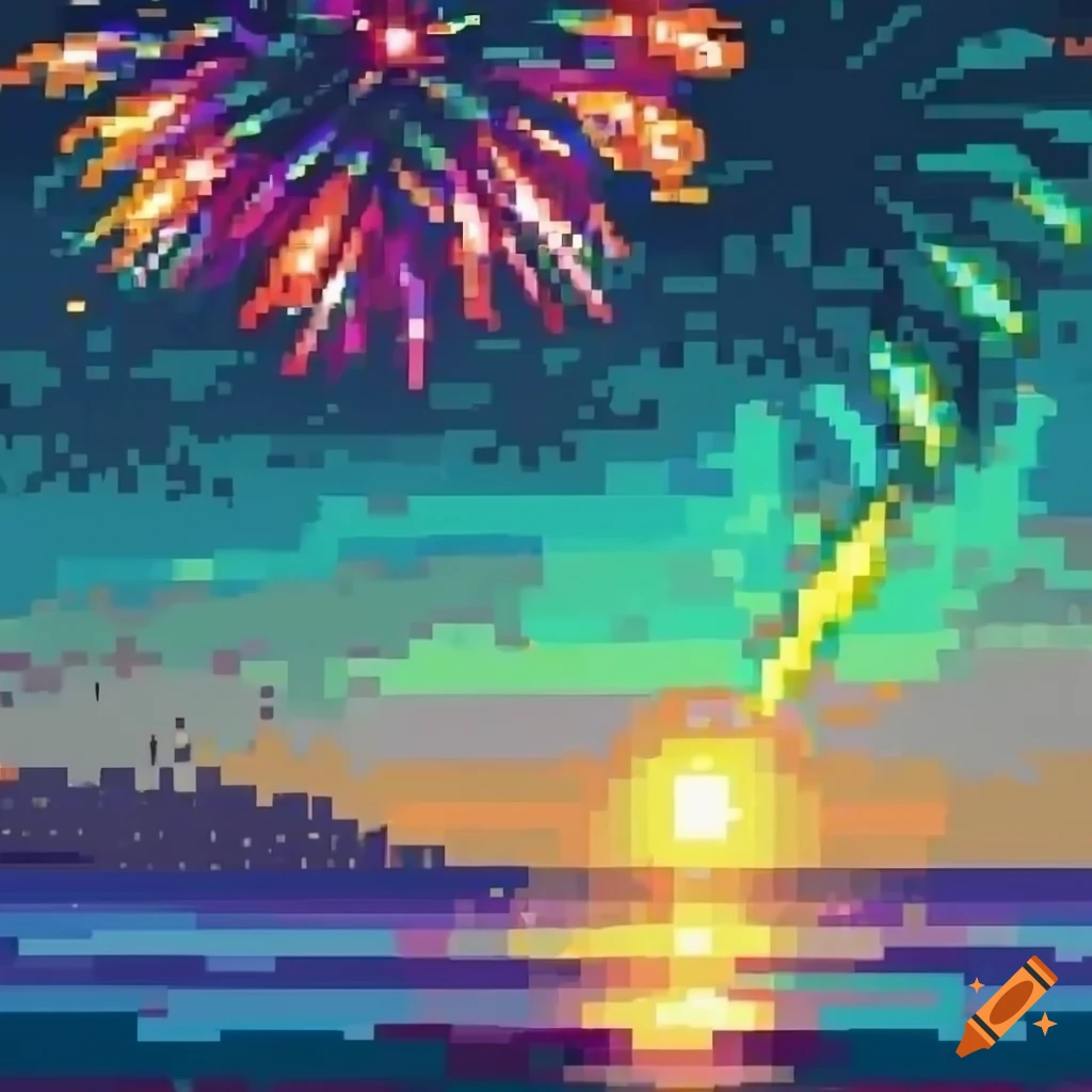 Pokemon watching colorful fireworks on the beach under a starry sky on ...