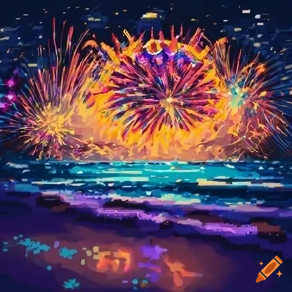 Pokemon watching colorful fireworks on the beach under a starry sky on ...