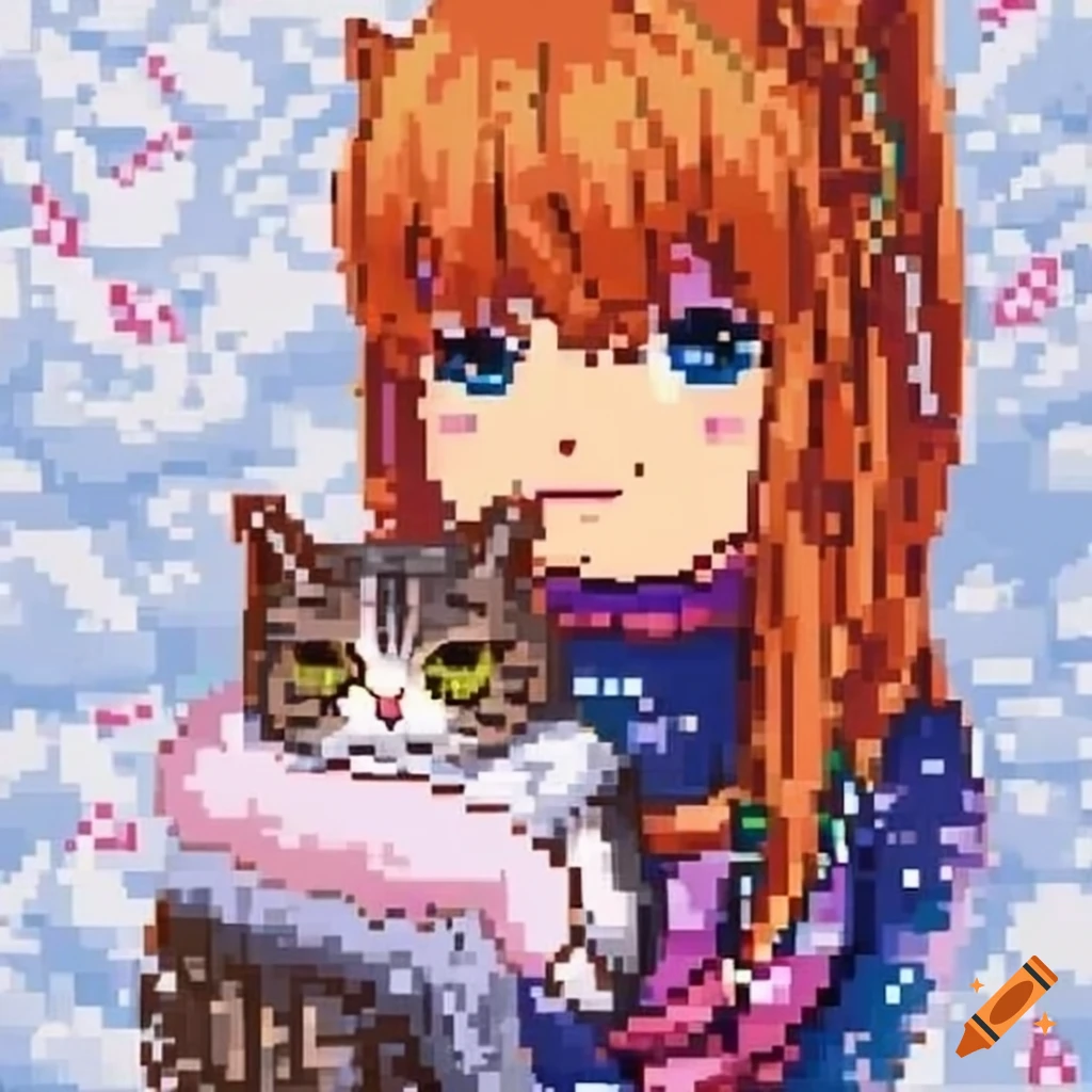 Pixel art portrait of asuka langley petting a cat in a snowy neon-lit ...