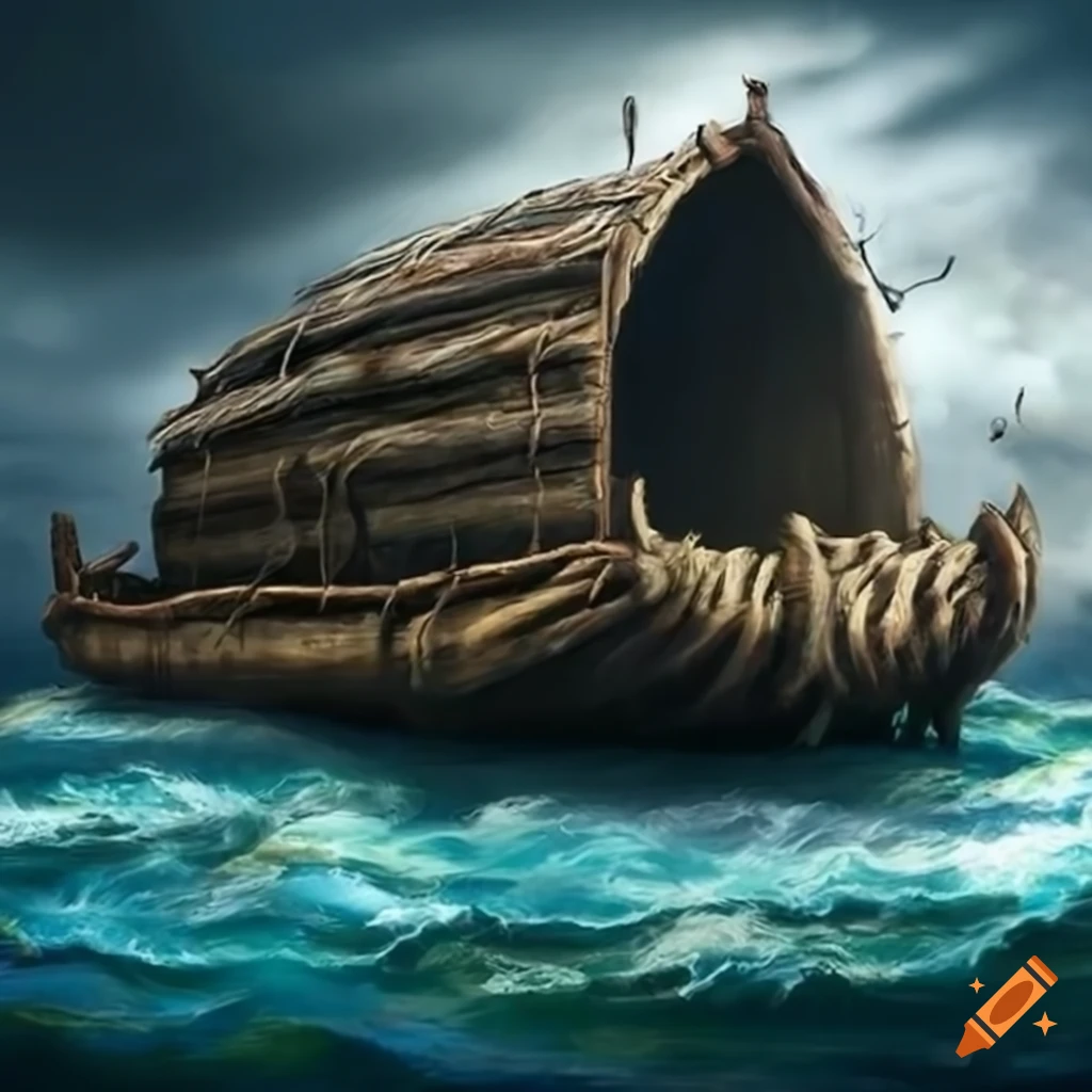 Realistic artwork of prehistoric log raft ark in stormy sea on Craiyon