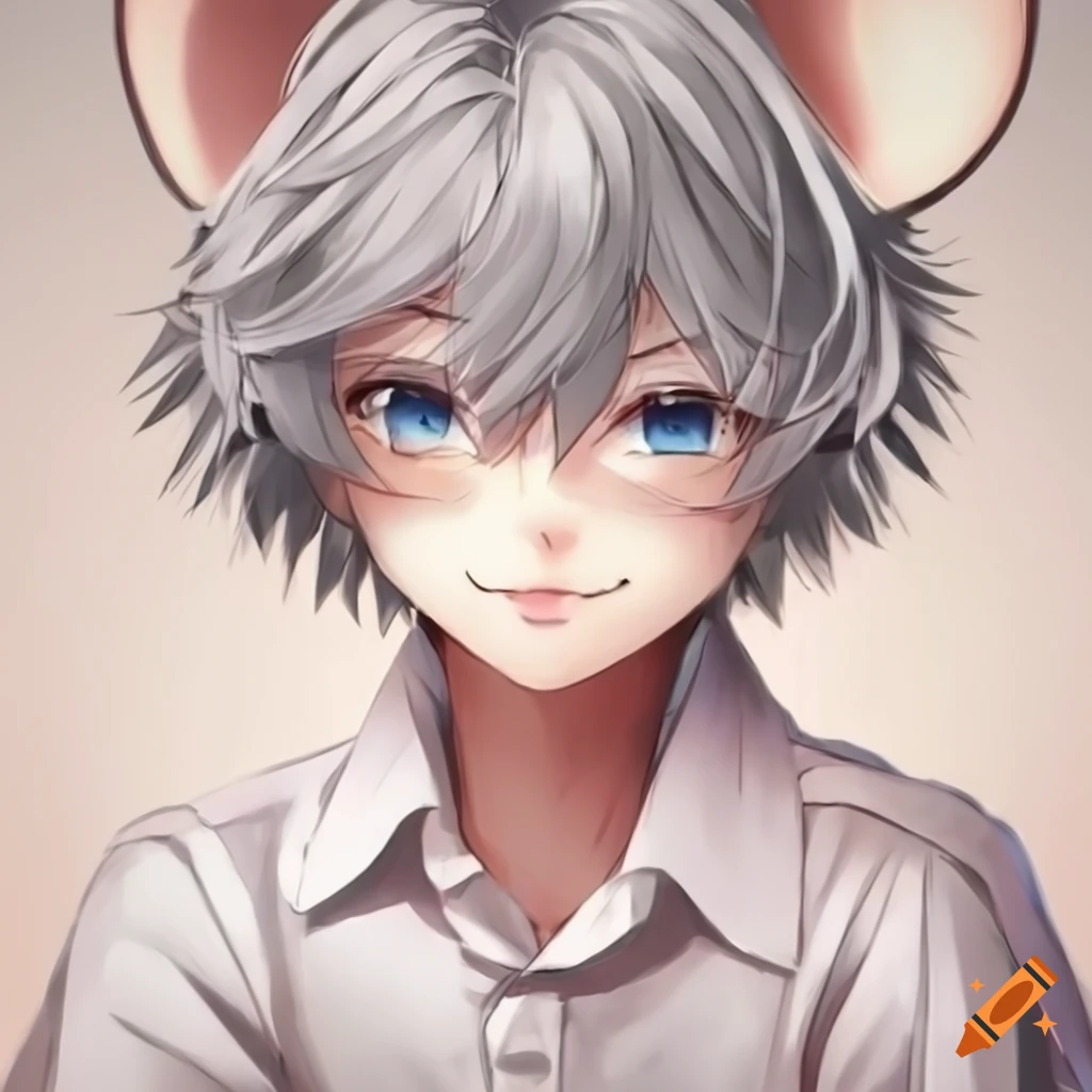 Anime mouse boy with light gray hair and blue eyes on Craiyon