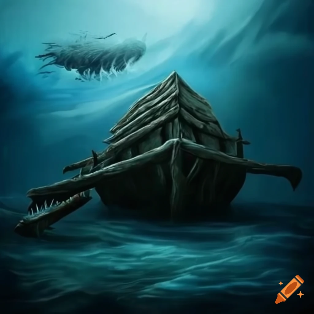 Prehistoric log raft ark in a stormy sea on Craiyon