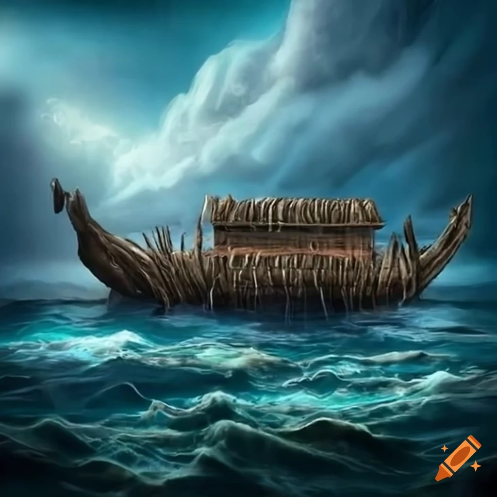 Realistic artwork of a prehistoric log raft ark in a storm at sea on ...