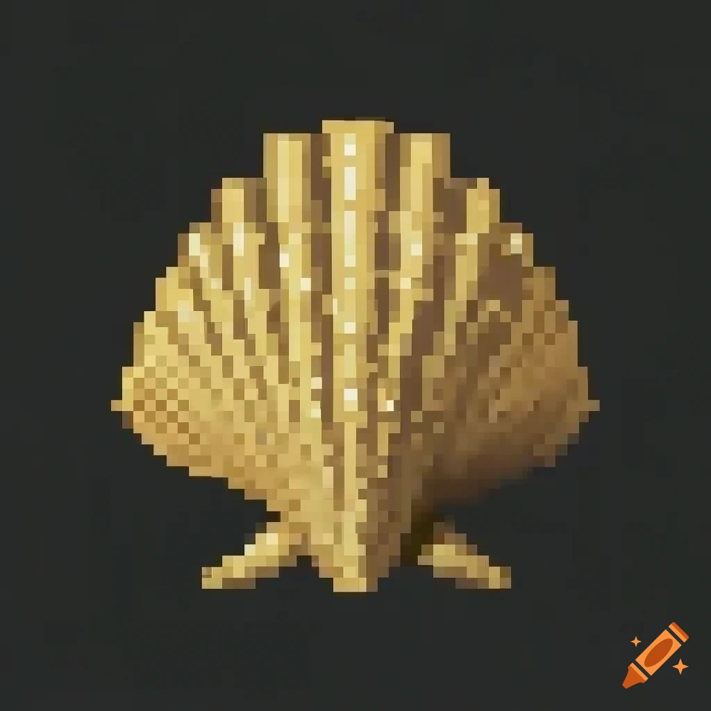 Shiny solid gold seashell on black background in pixel art style on Craiyon