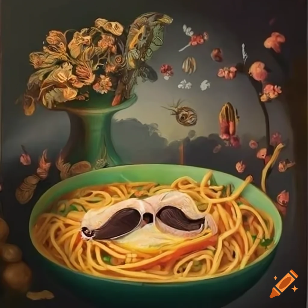 Surrealist painting of mustached spaghetti in a dalian landscape with ...