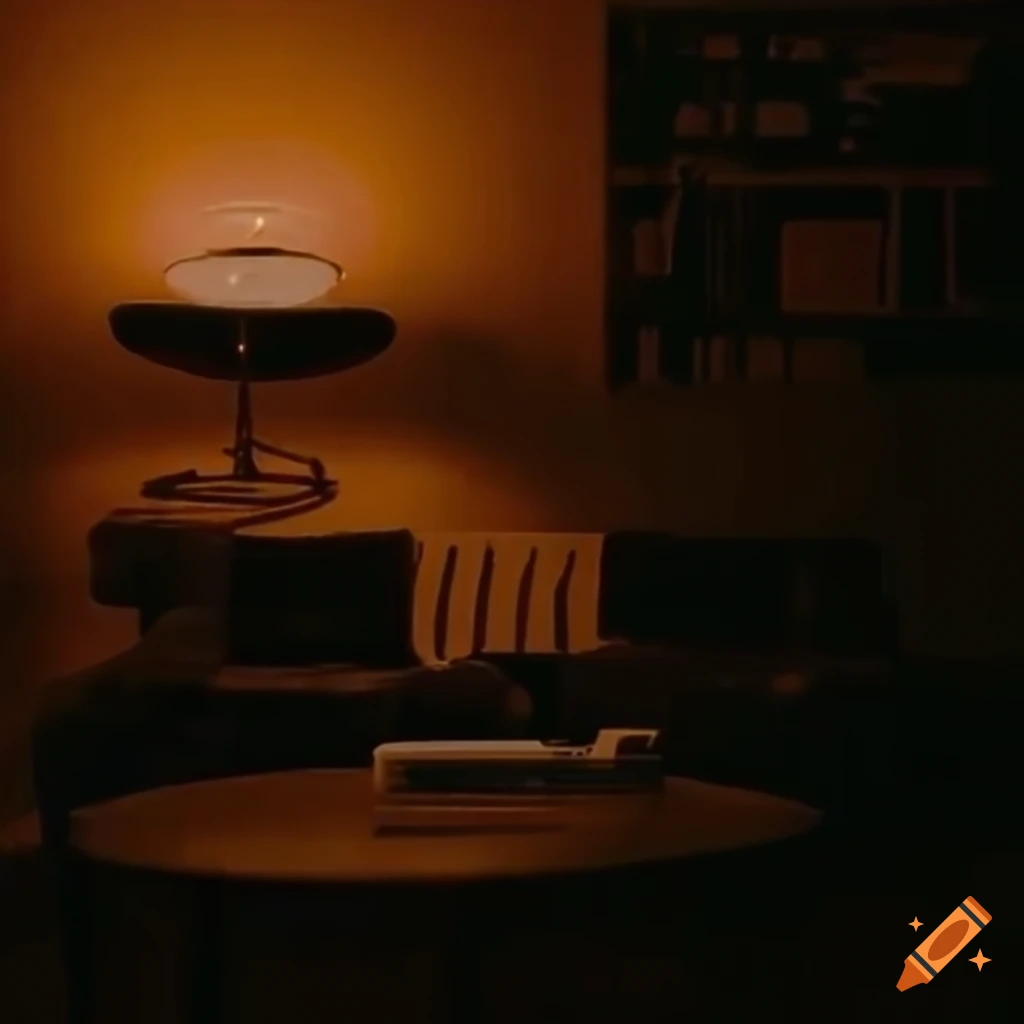 Vintage mid-century modern living room with a tv and lamp under blue ...