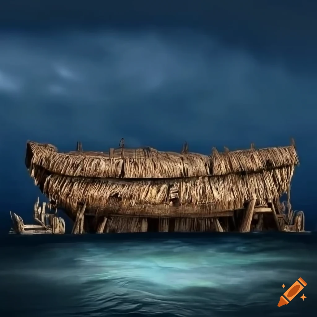 Prehistoric ark made from logs on stormy waves resembling a longhouse ...