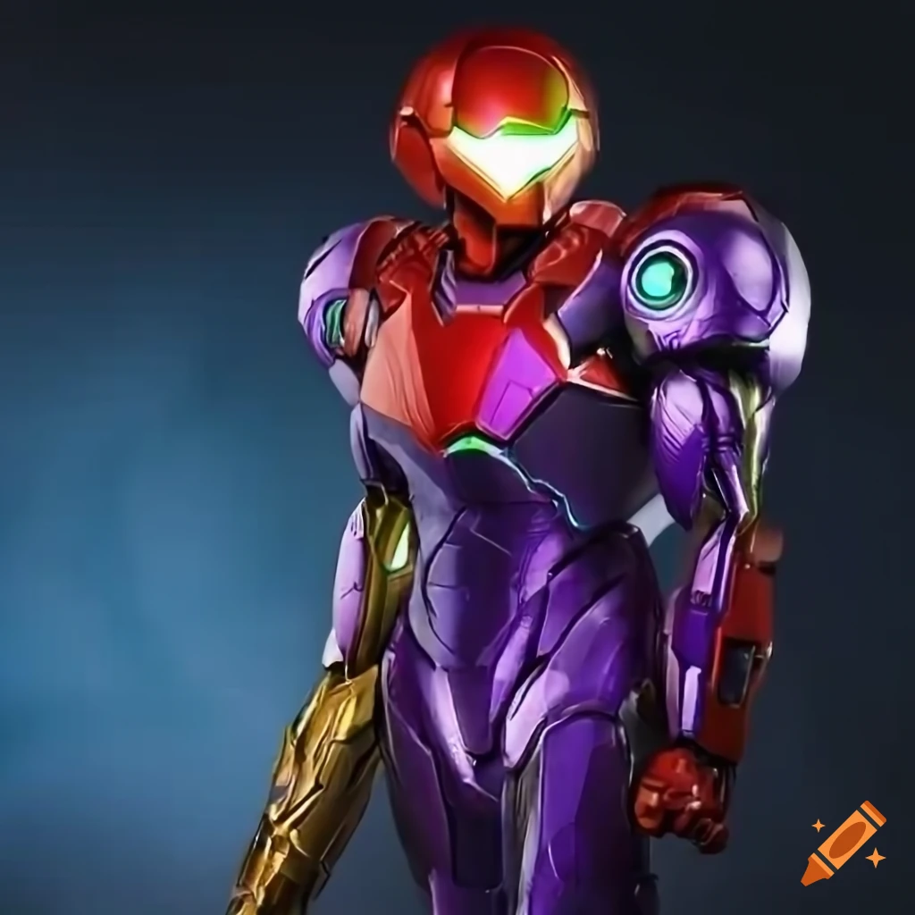 Iron Man wearing Samus Aran's helmet in a purple color scheme on Craiyon