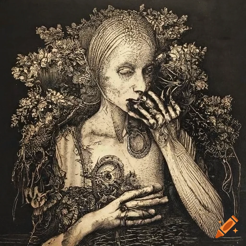 Surrealistic etching of a woman's hand holding a metal ring in ancient ...