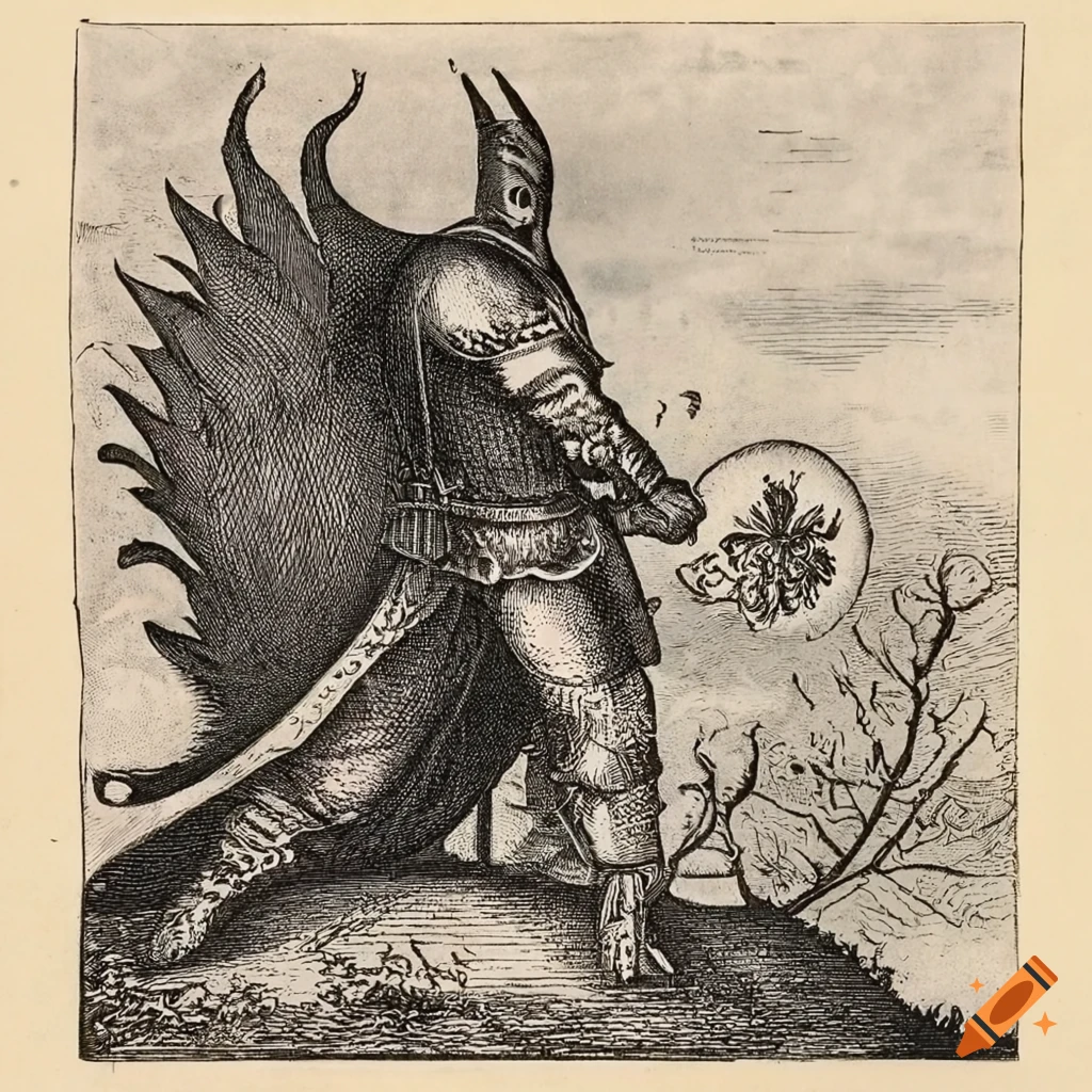 Dark knight fantasy with fire bird in medieval style on Craiyon