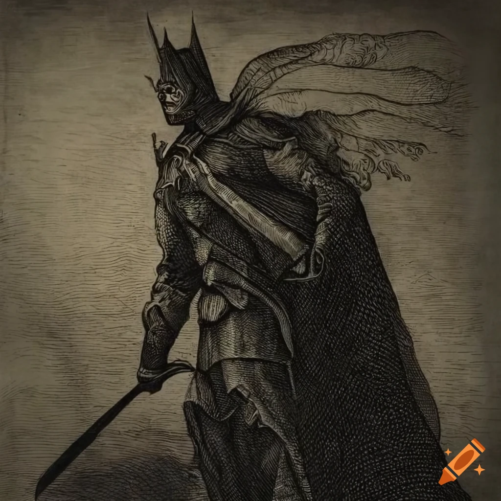 Dark knight fantasy with a fire bird in a medieval etching style on Craiyon