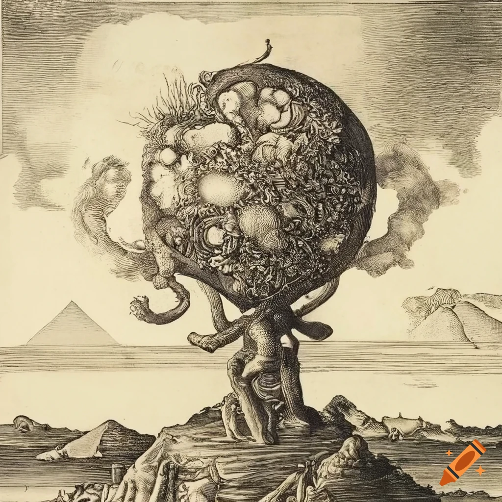 Surrealistic etching of ancient pyramids and druidic ruins in clouds on ...