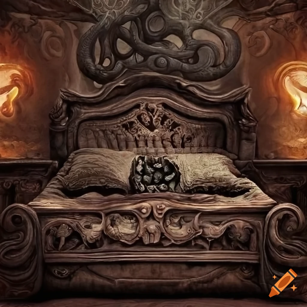 Bed with intricate lovecraftian designs and cthulhu motifs on Craiyon
