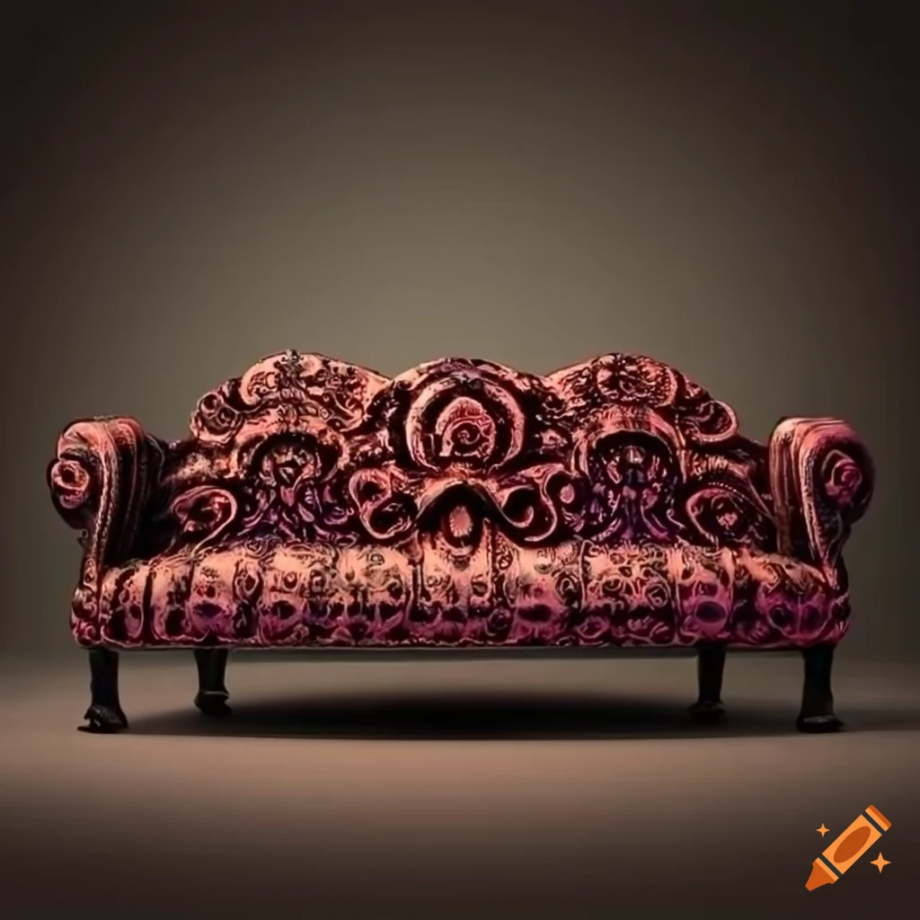 Vintage lovecraftian style couch with intricate tentacle patterns on ...