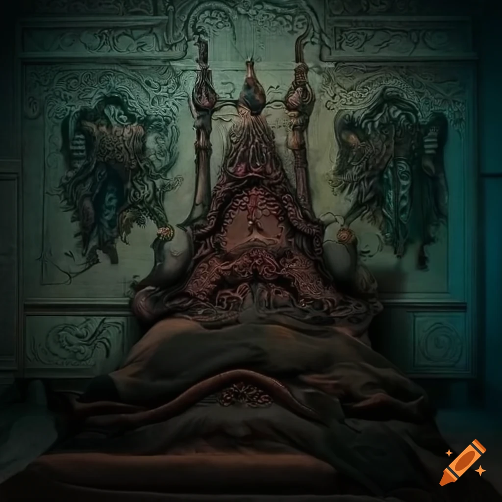 Bed with intricate lovecraftian designs and cthulhu motifs on Craiyon