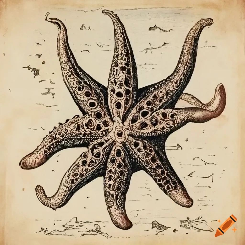 Sea star engraving print with fiery flames in the Adriatic Sea 15th ...