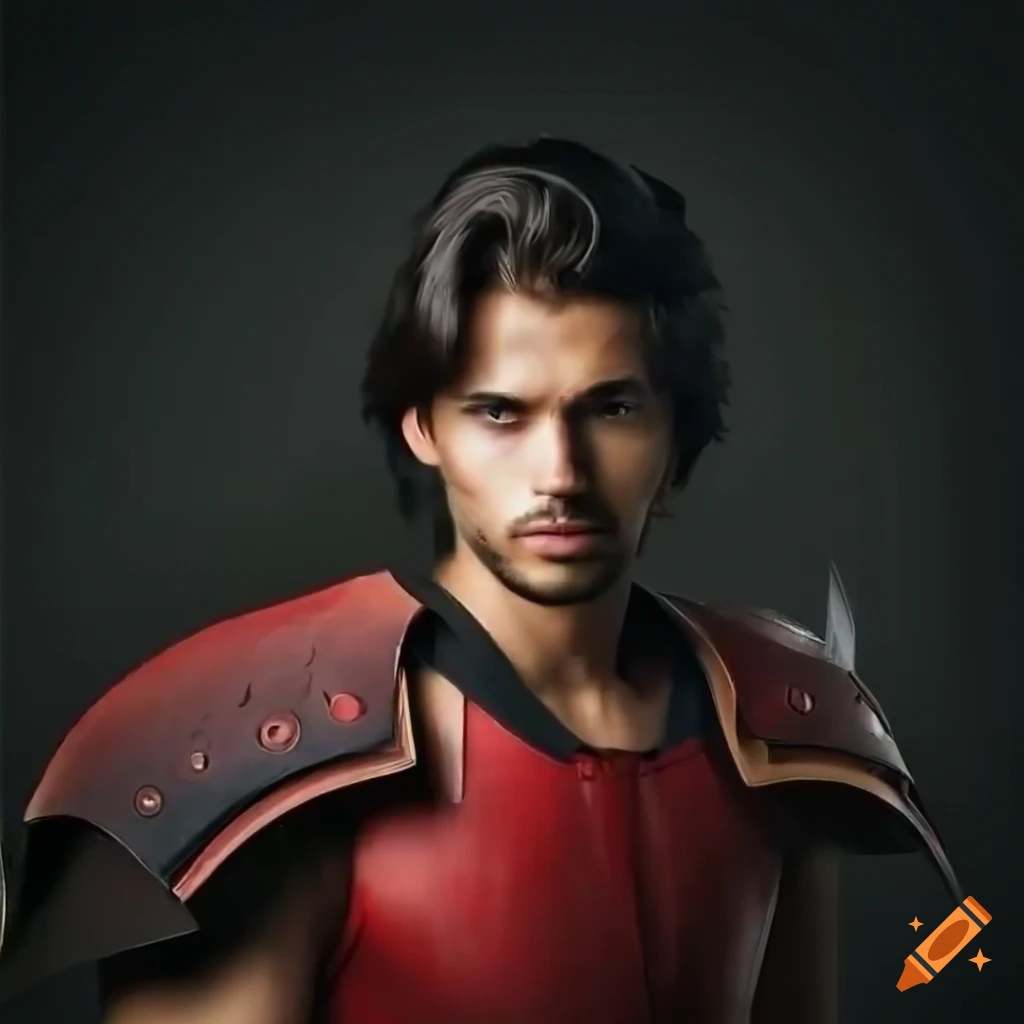 Attractive male warrior in red leather armor with striking grey eyes on ...