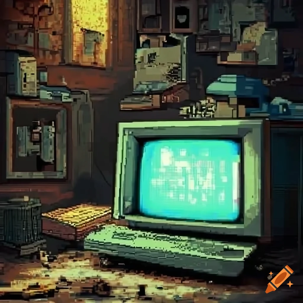 Haunted crt screen on a post-apocalyptic office desk with wall posters ...