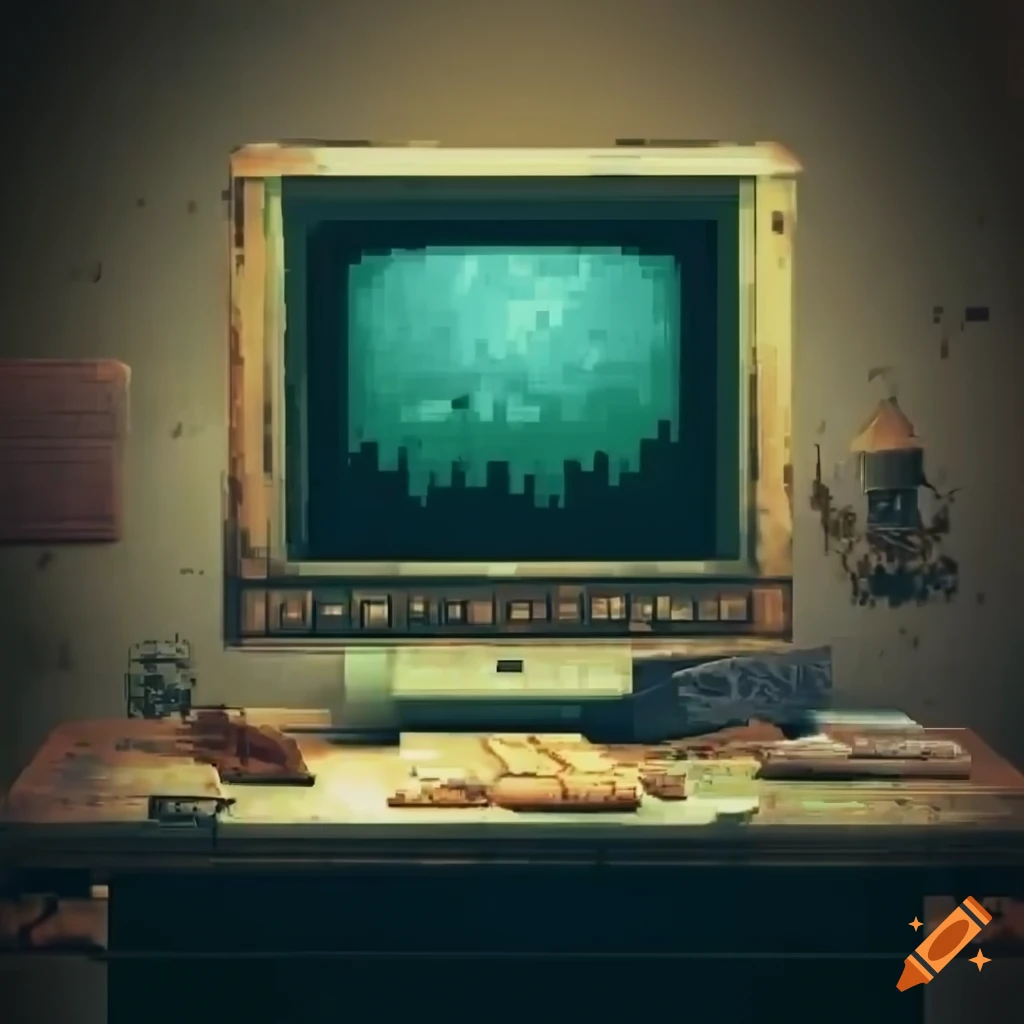 Haunted crt screen on a post-apocalyptic office desk with wall posters ...