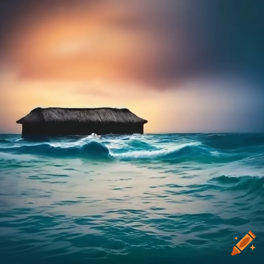 Iconic image of a long ark with a thatched roof on stormy ocean waves ...