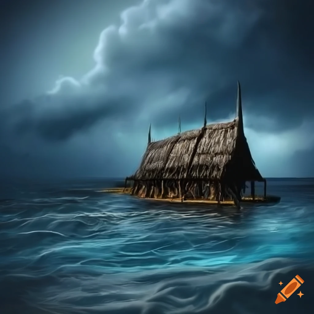 Prehistoric longhouse on seaworthy raft amidst stormy waves on Craiyon
