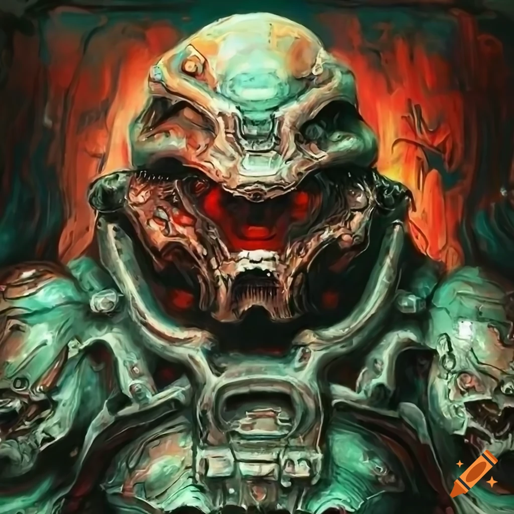 Portrait of the Doom Slayer in biomechanical style on Craiyon