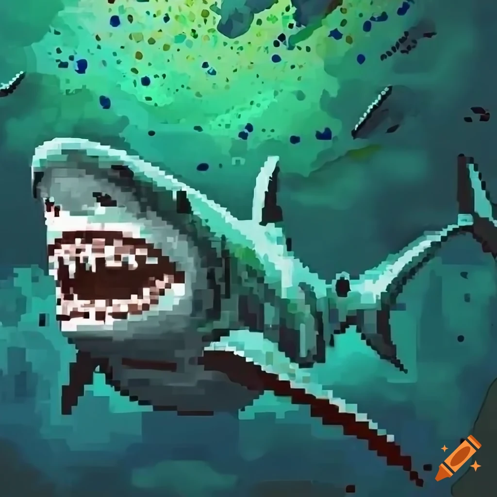 Pixel art watercolor painting of a giant smiling shark in a radioactive ...