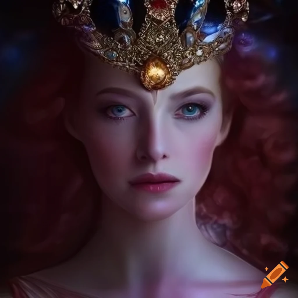 Regal fantasy queen with gem-encrusted crown displaying powerful magic ...