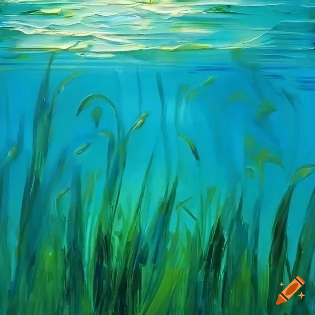 Abstract oil painting of underwater reeds creating a sense of calm with ...