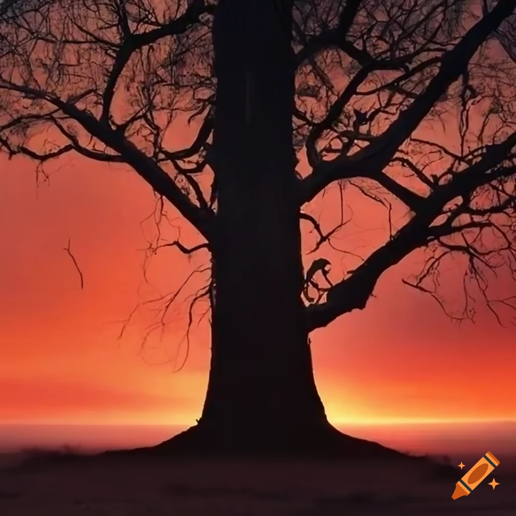 Skeleton climbing a tree at sunset with a red sky in a surrealistic ...