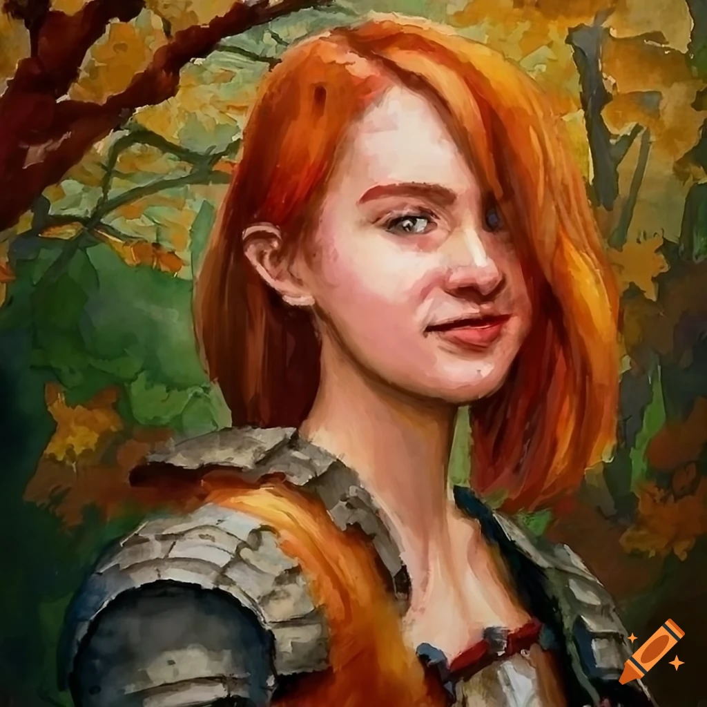 Portrait of smiling german jrpg heroine with wolf pelt armor honing ...