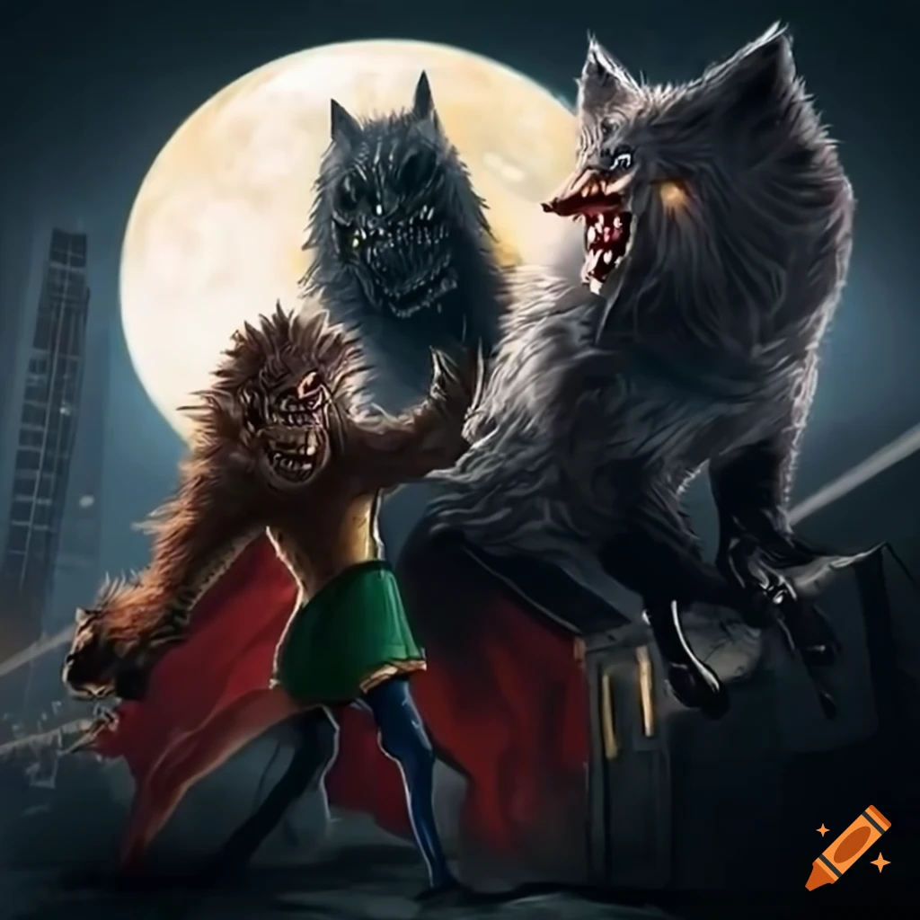 Brave hero battling terrifying werewolf on city rooftops under the ...