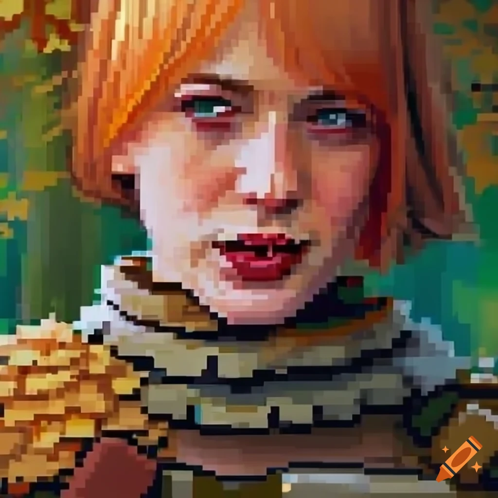 Pixel art hyperrealistic portrait of a laughing jrpg heroine with wolf ...