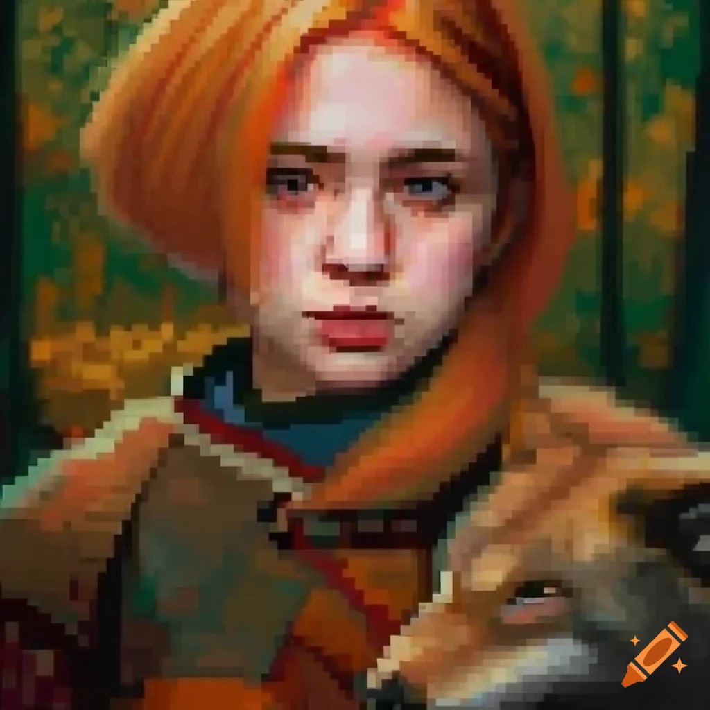 Pixel art portrait of a grumpy russian jrpg heroine honing her sword skills in an autumn garden ...